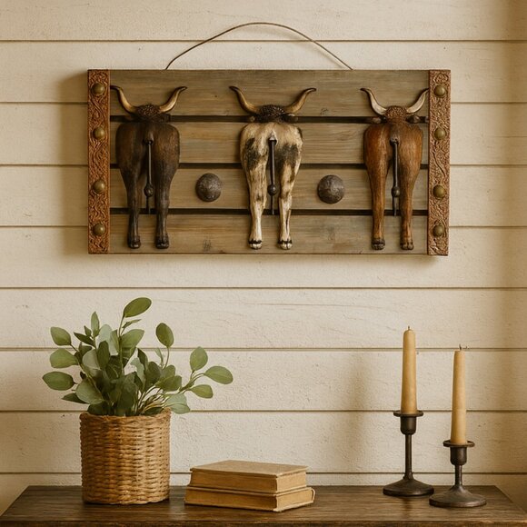 Wall Decor | Rustic Western Cow Butt Coat Wall Hooks Rack With Wooden ...